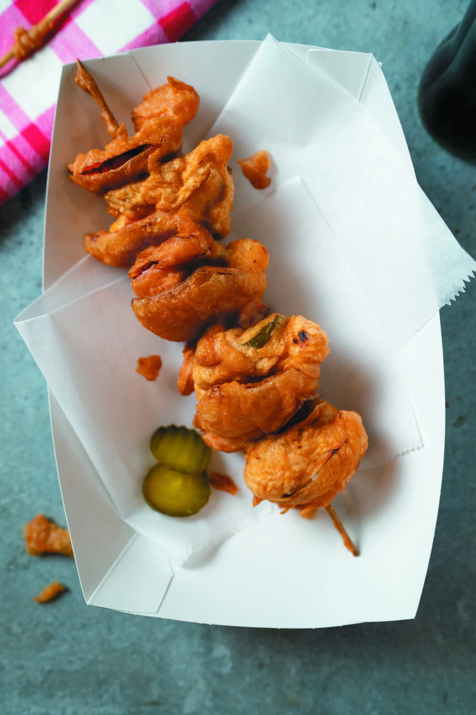 Catfish on a Stick with Pickles, Peppers and Onions – TCI