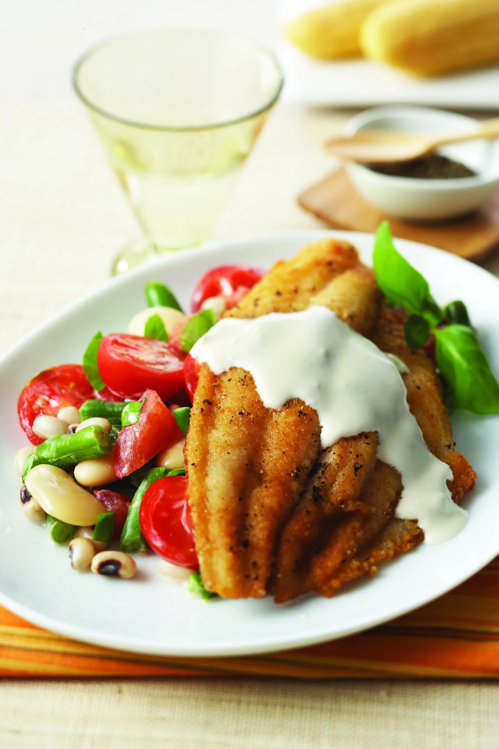 Crispy Fried Catfish with Tomato-Field Peas and Garlic Mayonnaise – TCI